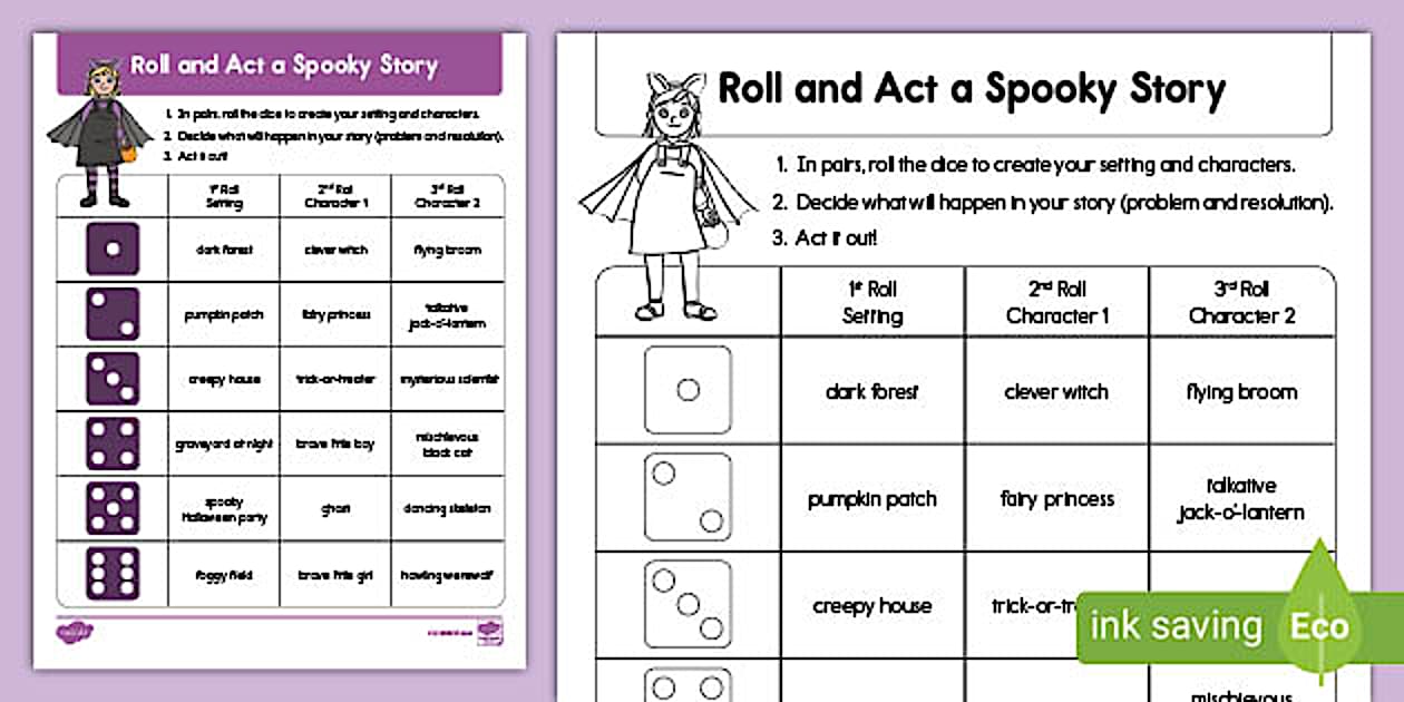 Roll and Act a Spooky Story Worksheet for K-2nd Grade