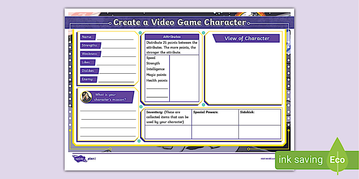 KS2 Create a Video Game Character Worksheet - KS2 - Twinkl