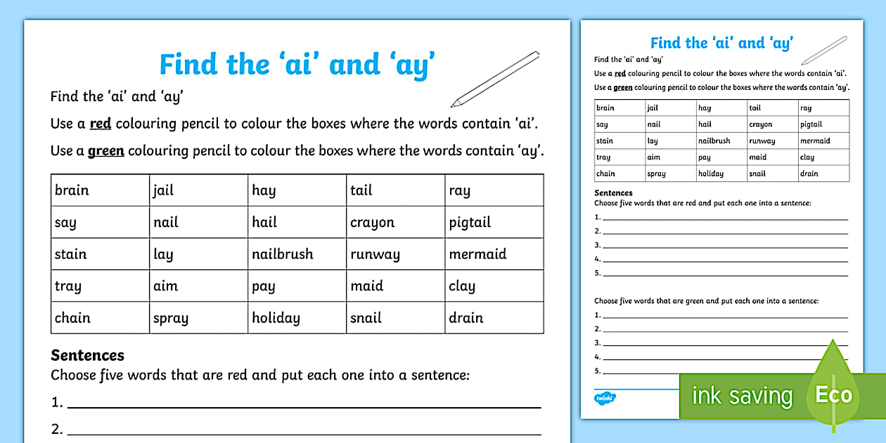 Ai Ay Words Worksheet | Resource | Twinkl USA (Teacher-Made)
