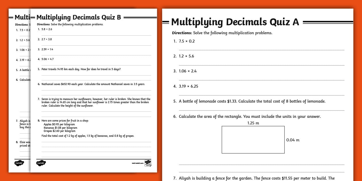 Seventh Grade Multiply Decimals Quizzes - Twinkl