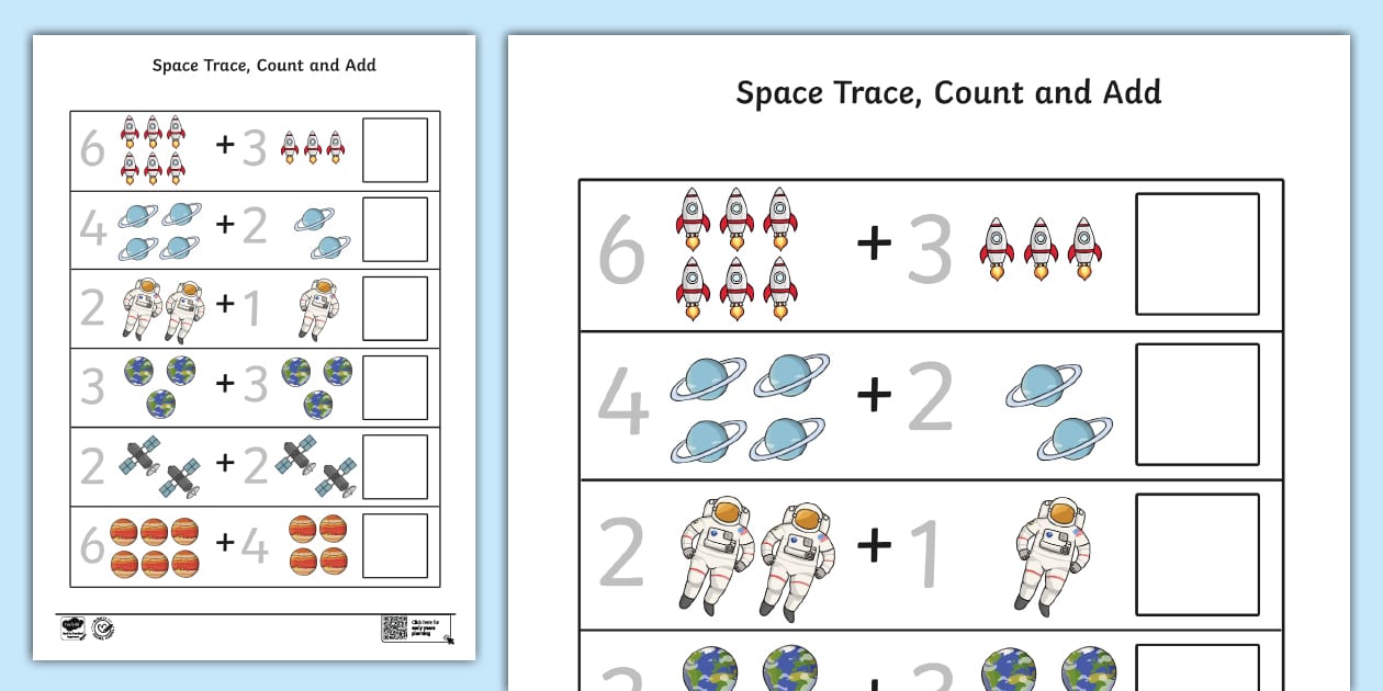 Space Trace, Count and Add Worksheet