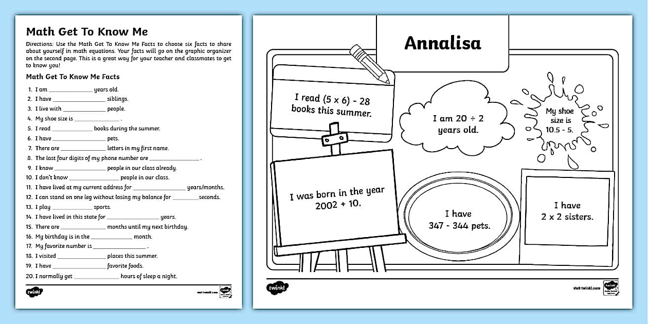 Math Get To Know Me Worksheet for 3rd-5th Grade - Twinkl