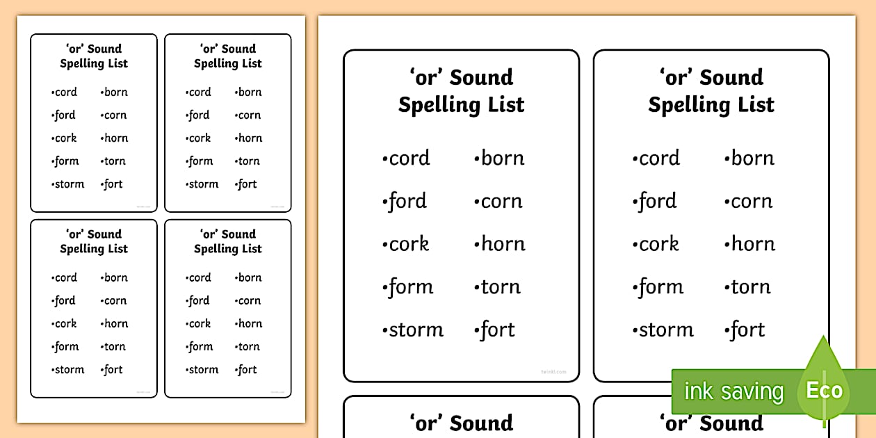 'or' Sound Spelling List Cards - Twinkl