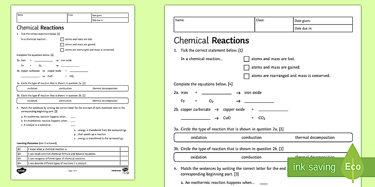 Chemical Reactions Worksheet - KS3 Chemistry Science Resource