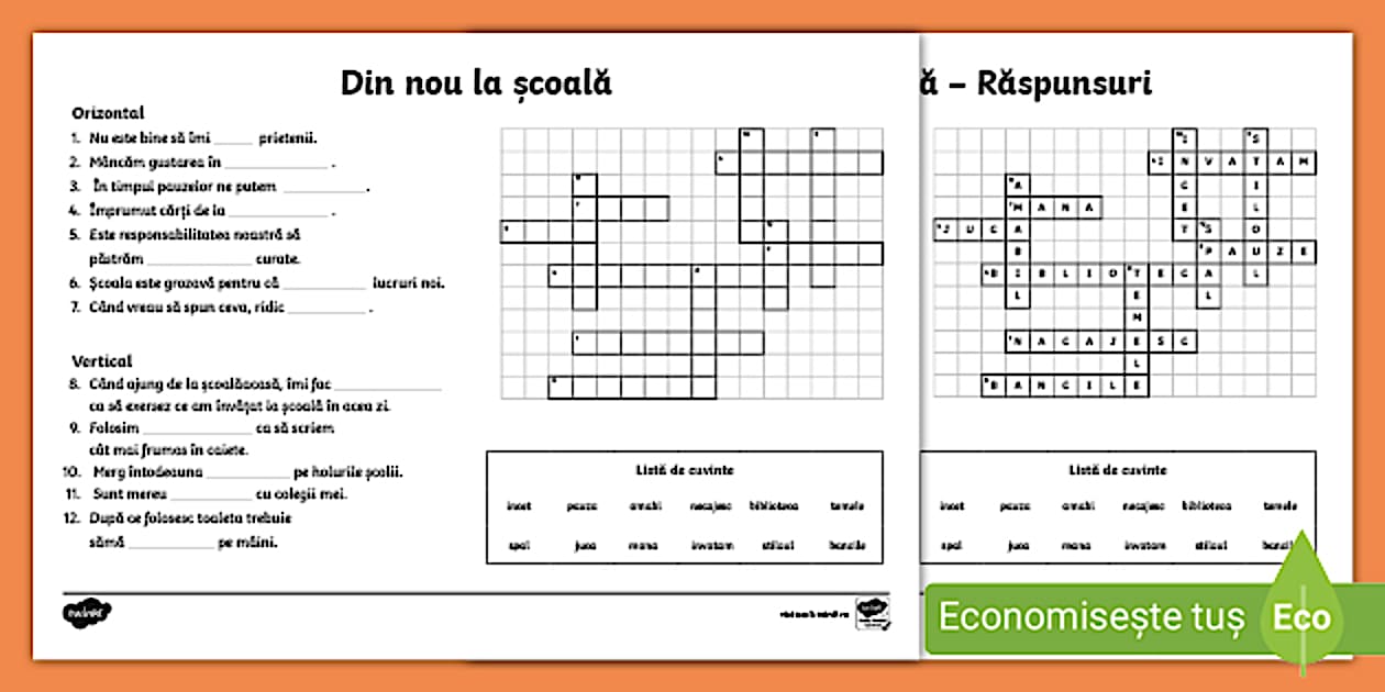 Din nou la școală – Cuvinte încrucișate (teacher made)