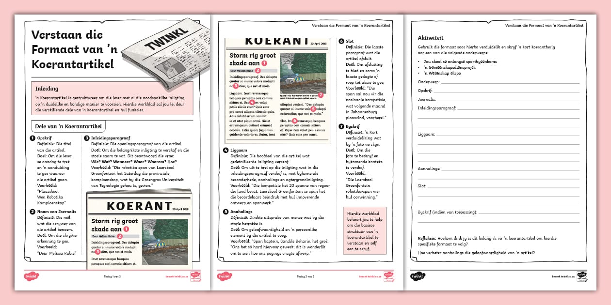 Koerantberig Formaat Aktiwiteit vir Senior Fase Leerders