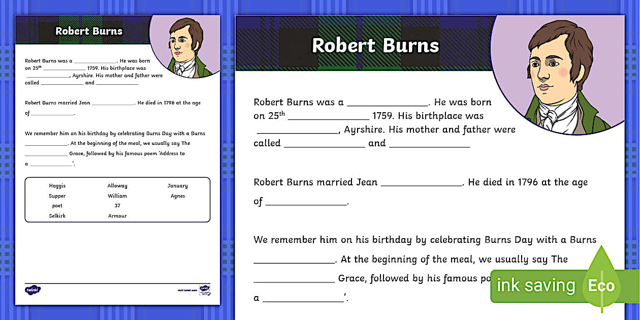 Robert Burns Missing Words Activity - Burns Night for Kids