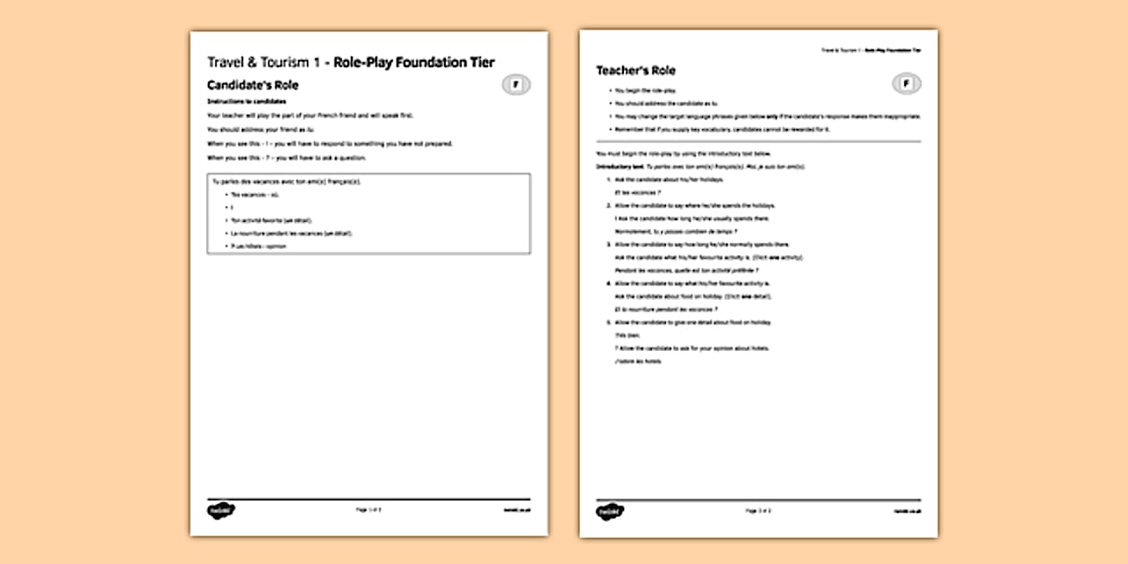 Travel and Tourism 1 GCSE Foundation Tier Role-Play French
