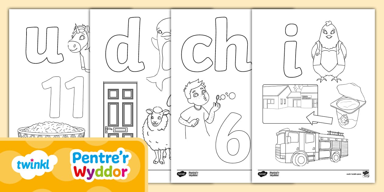 Pentre'r Wyddor: Taflenni Lliwio Du a Gwyn Teulu 3 (Set 2)