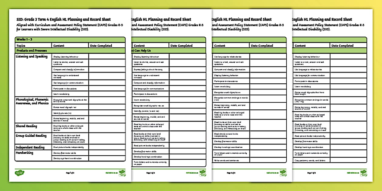 SID: Grade 3 Term 4 English HL Planning and Record Sheet