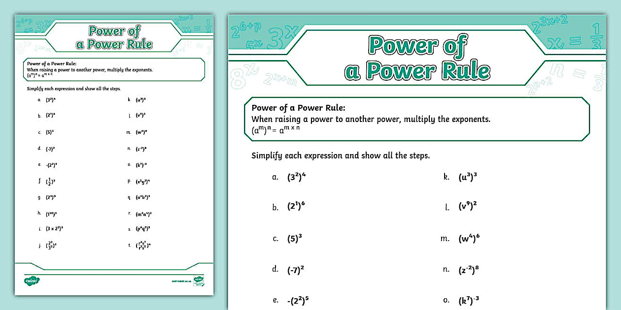 Exponent Laws: Power of a Power Rule - Practice Worksheet