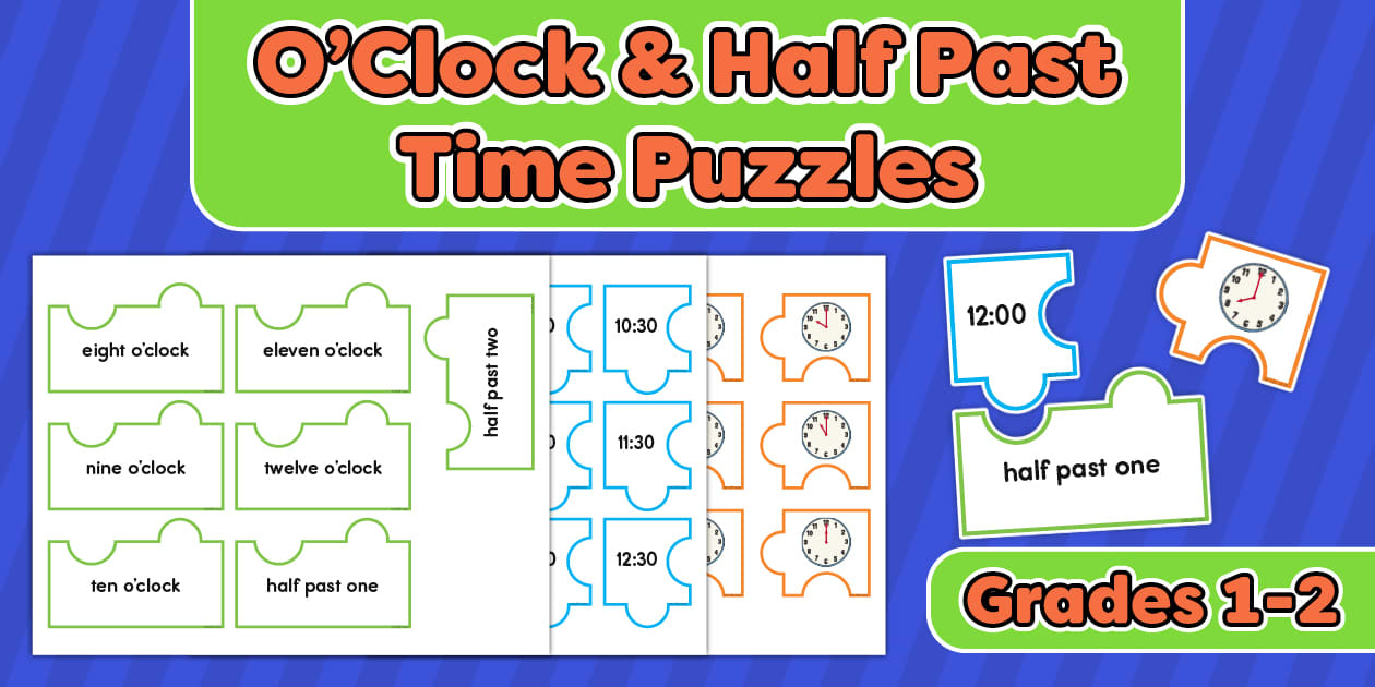 O'Clock and Half Past Time Puzzles for 1st-2nd Grade