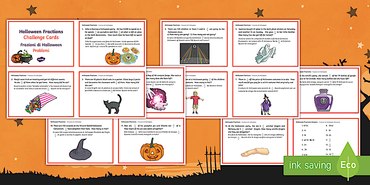 Year 5 Halloween Fractions Maths Challenge Cards English/Italian