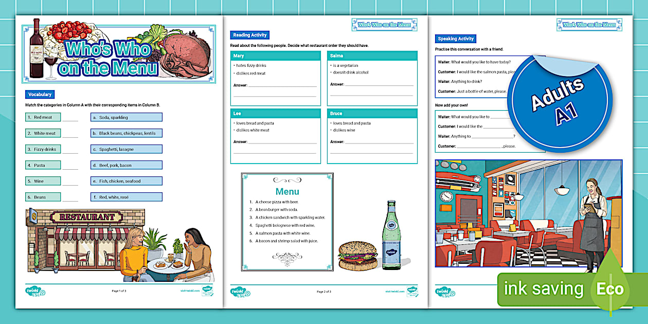 ESL Reading Comprehension: Who's Who on the Menu [Adults,A1]