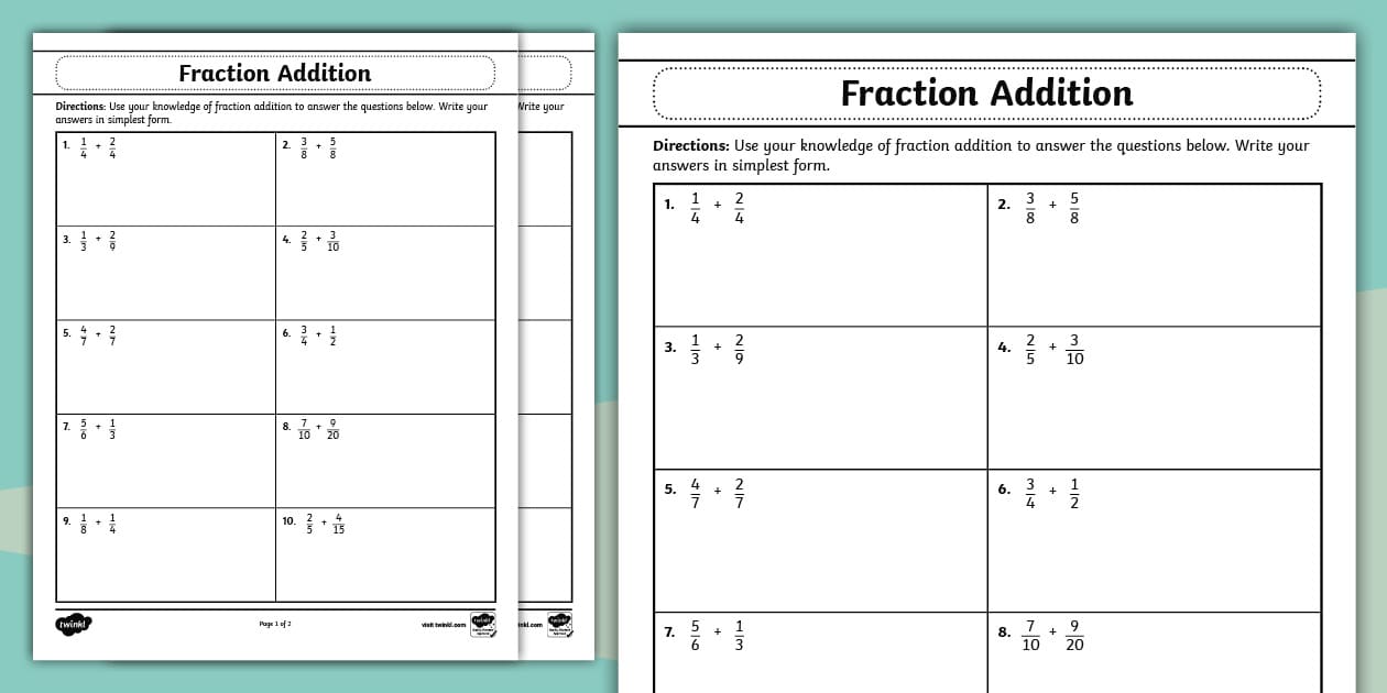 Middle School Basic Skills Fraction Addition Intervention Activity