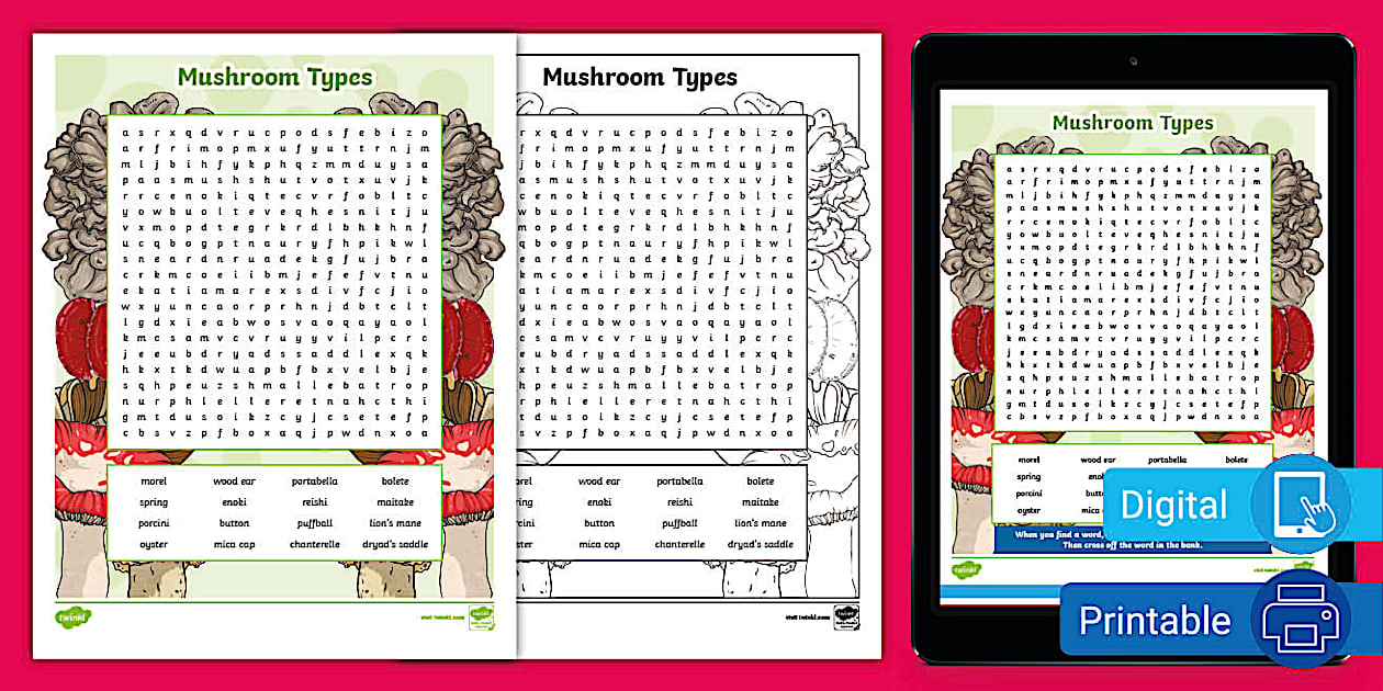 Mushroom Types Word Search for 6th-8th Grade (teacher made)