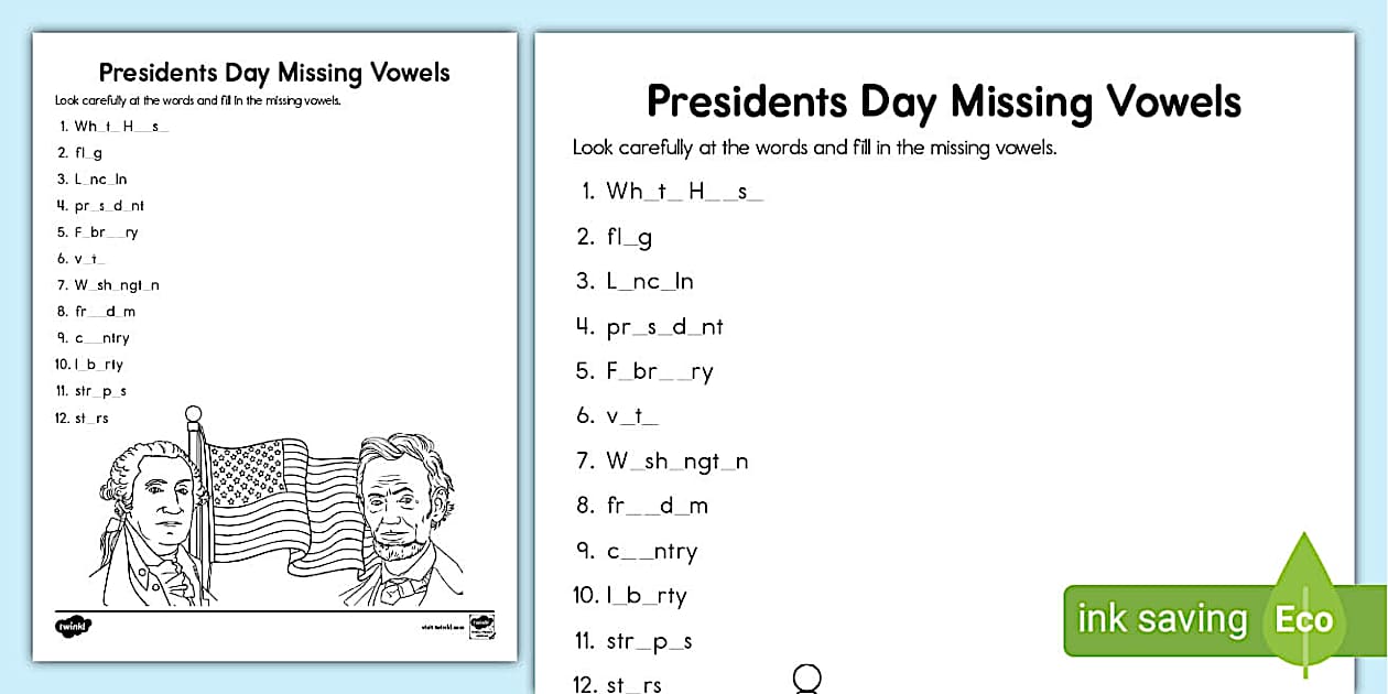 Presidents Day Missing Vowels Worksheet for K-2nd Grade