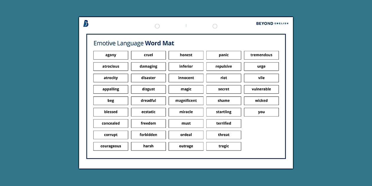 Year 7 - Year 10 English Emotive Vocabulary Word Bank Beyond