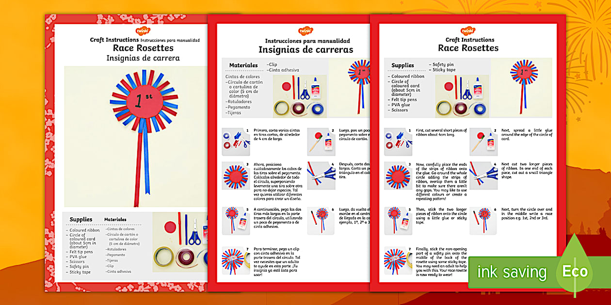 Race Rosettes Craft Instructions - English/Spanish - Twinkl