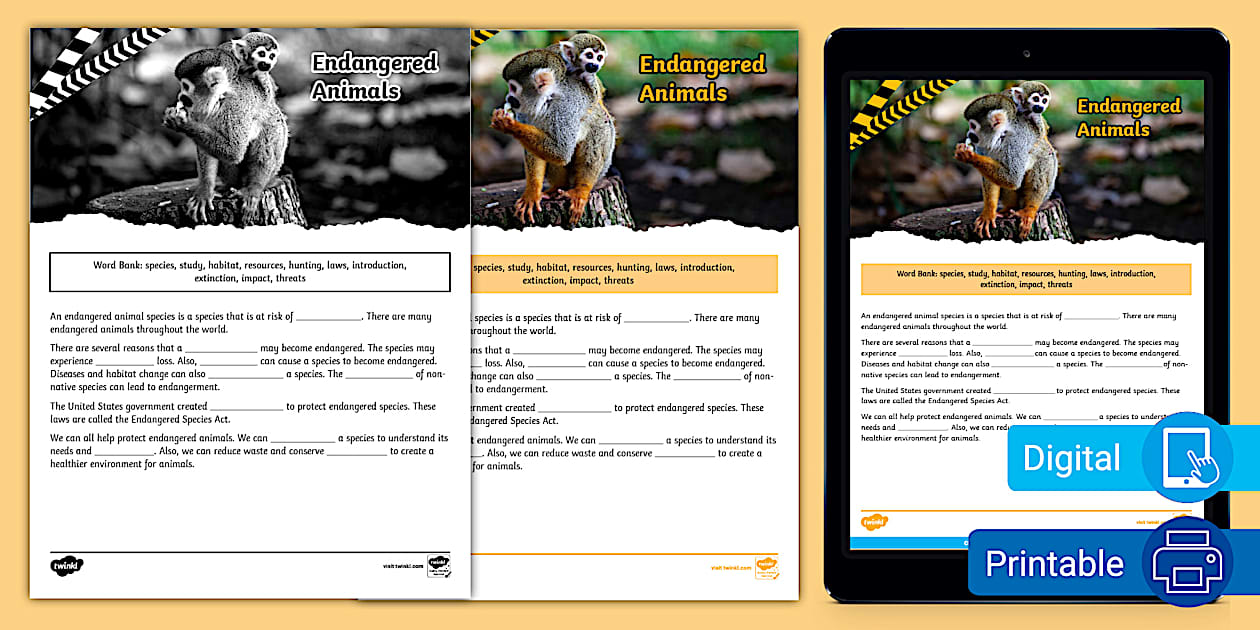 Third Grade Endangered Animals Cloze Reading Worksheet