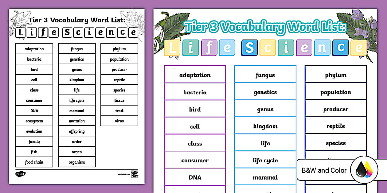 Tier 3 Vocabulary Word List: Life Science (teacher made)