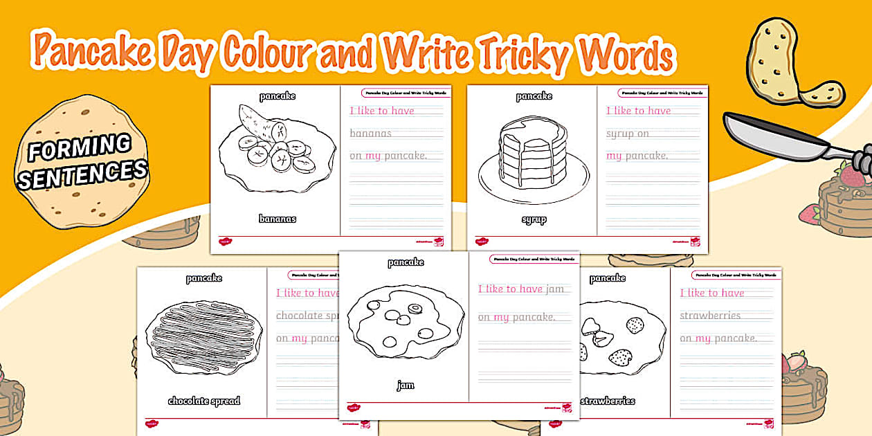 Pancake Day Tricky Words Colour and Write Activity Sheets