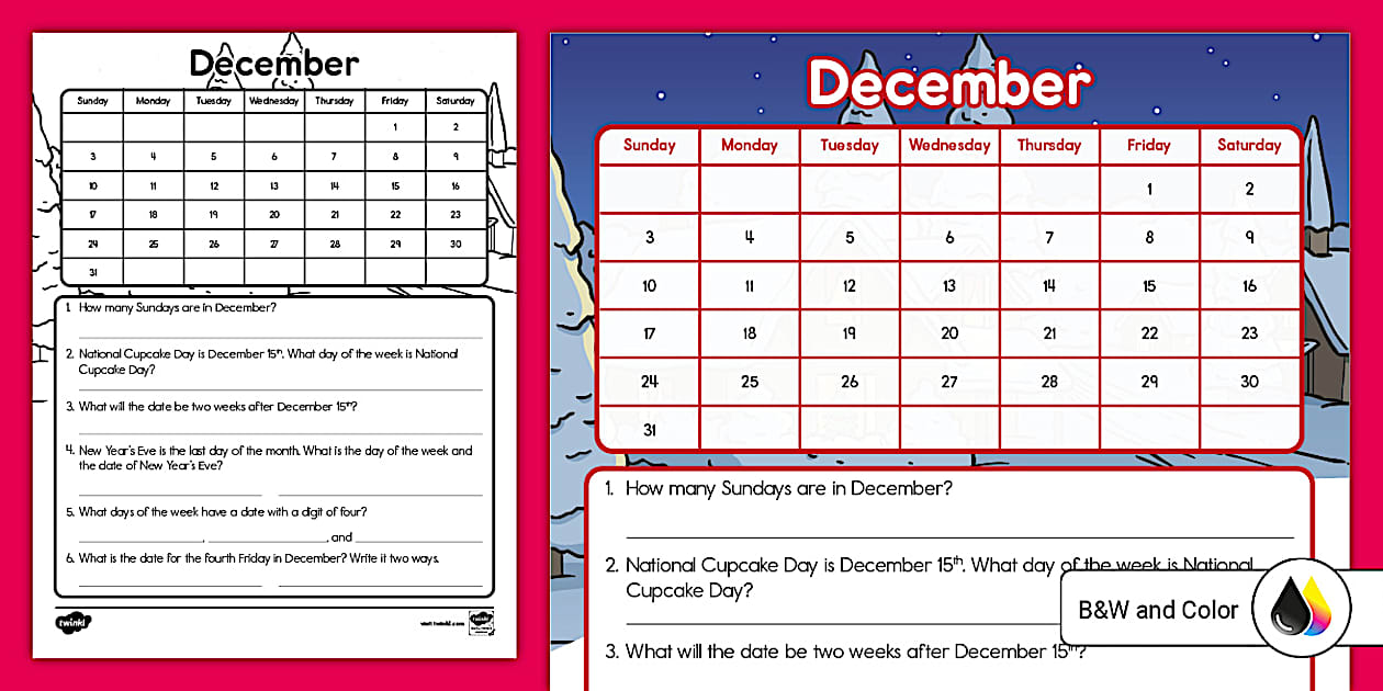 December Reading a Calendar Activity for K-2nd Grade