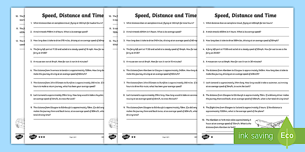 Middle Ability Speed, Distance and Time Worksheet - Twinkl