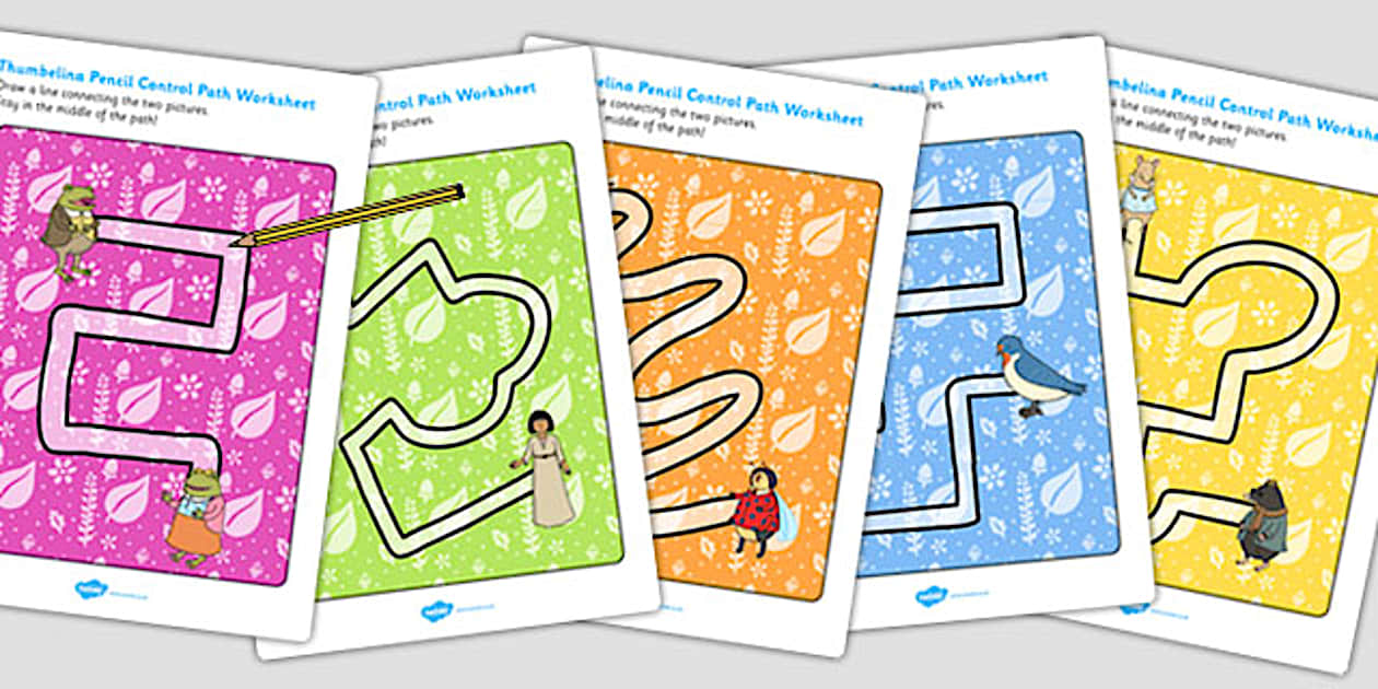 Thumbelina Pencil Control Path Worksheets - fine motor skills