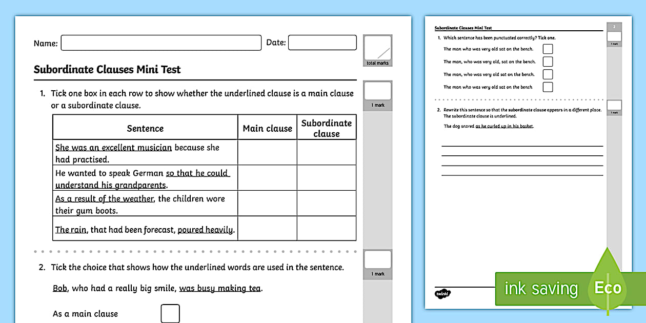 Subordinate Clauses Test Worksheet / Worksheet - Twinkl
