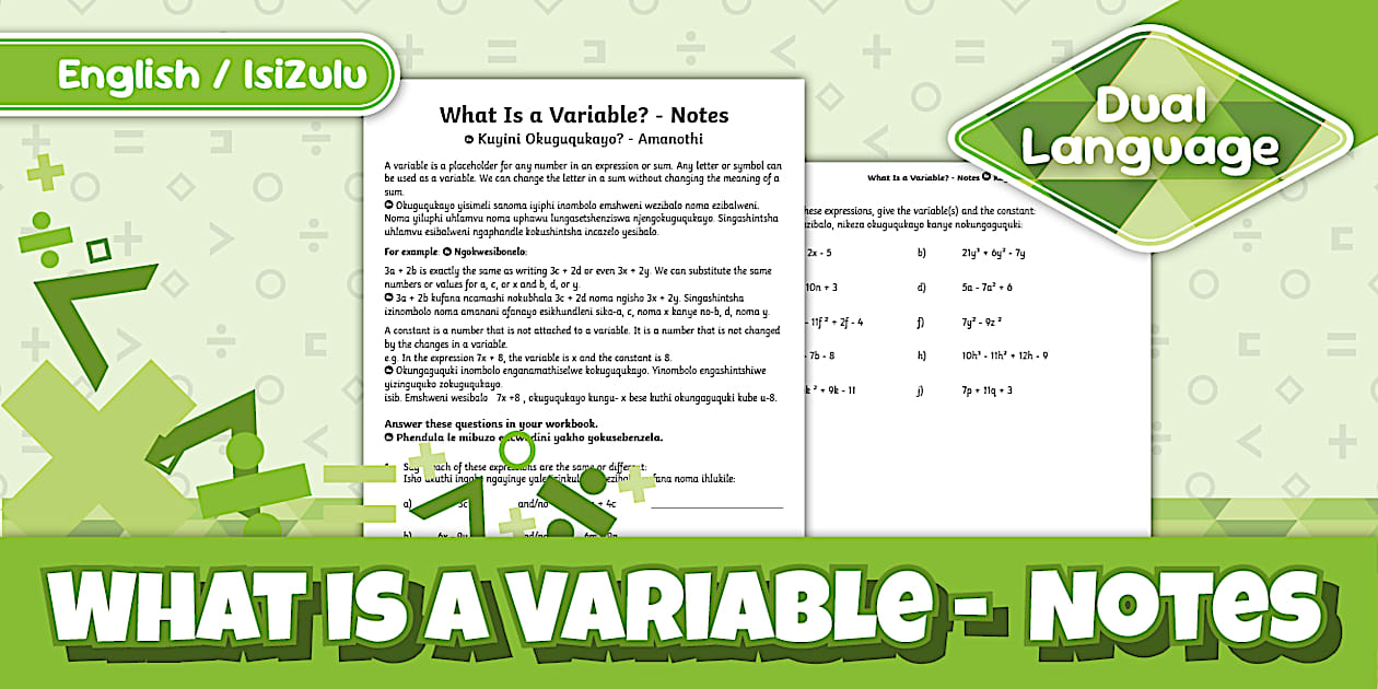 Senior Phase Maths - Term 1 - What Is a Variable? - Notes (CAPS Aligned)