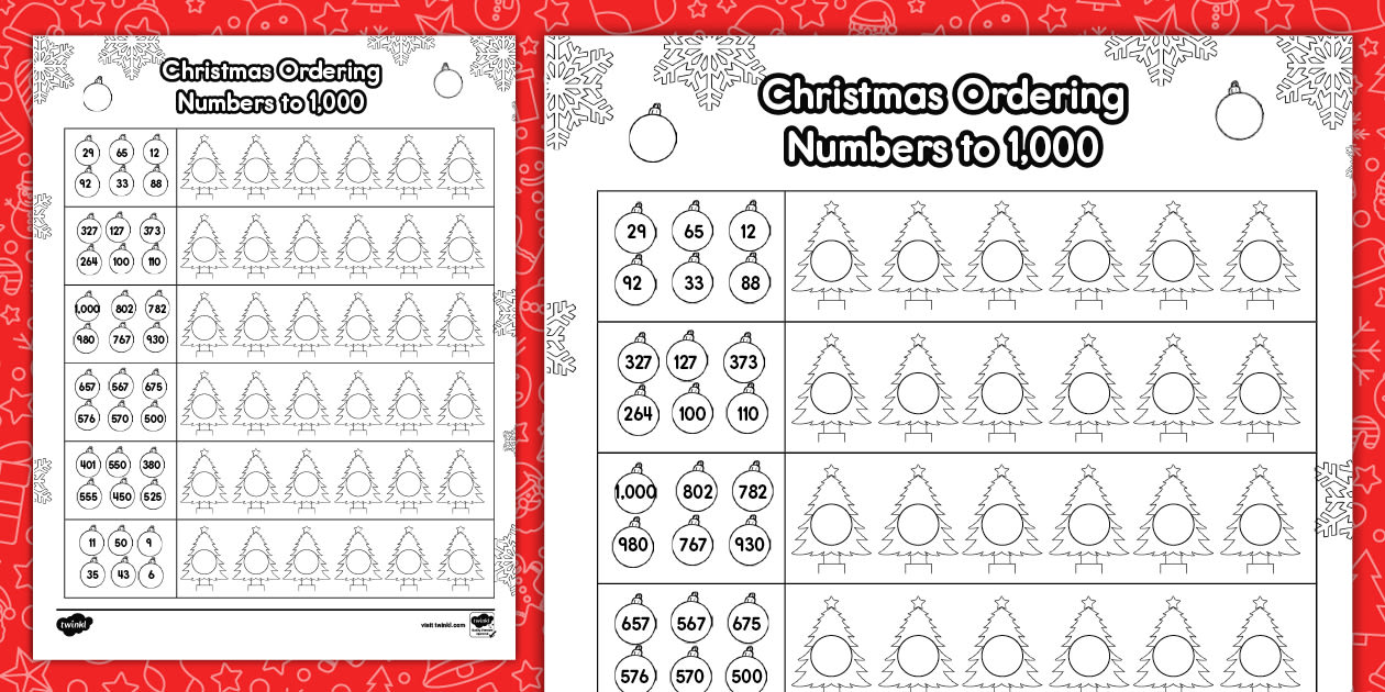 Second Grade Christmas Ordering Numbers to 1,000 Activity Worksheet