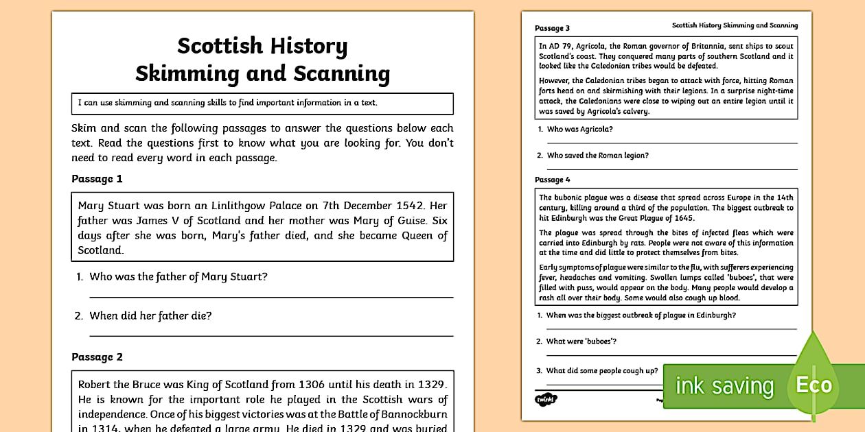 Scottish History Skimming and Scanning Worksheet / Worksheet