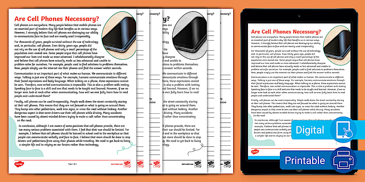 Persuasive Writing Comprehension- Are Cell Phones Necessary?