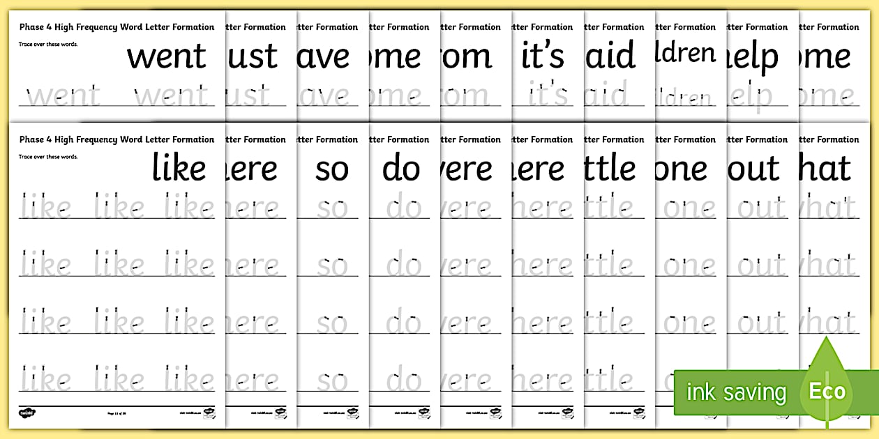 Phase 4 High Frequency Word Letter Formation Worksheets