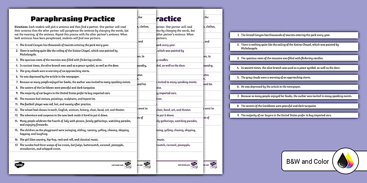 Eighth Grade Paraphrase Practice Worksheet (Teacher-Made)