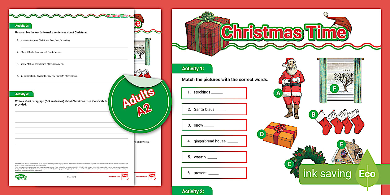 ESL Christmas Time Activity Sheet [Adults, A2] - Twinkl