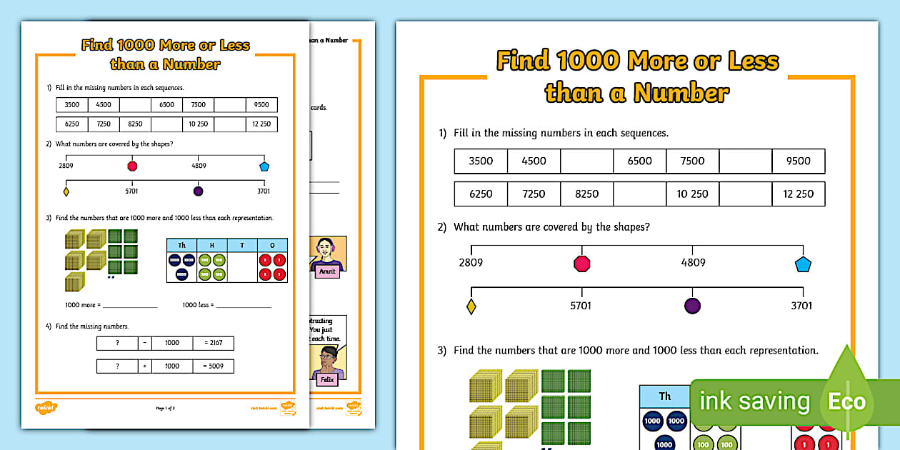 👉 Find 1000 More or Less than a Number (teacher made)