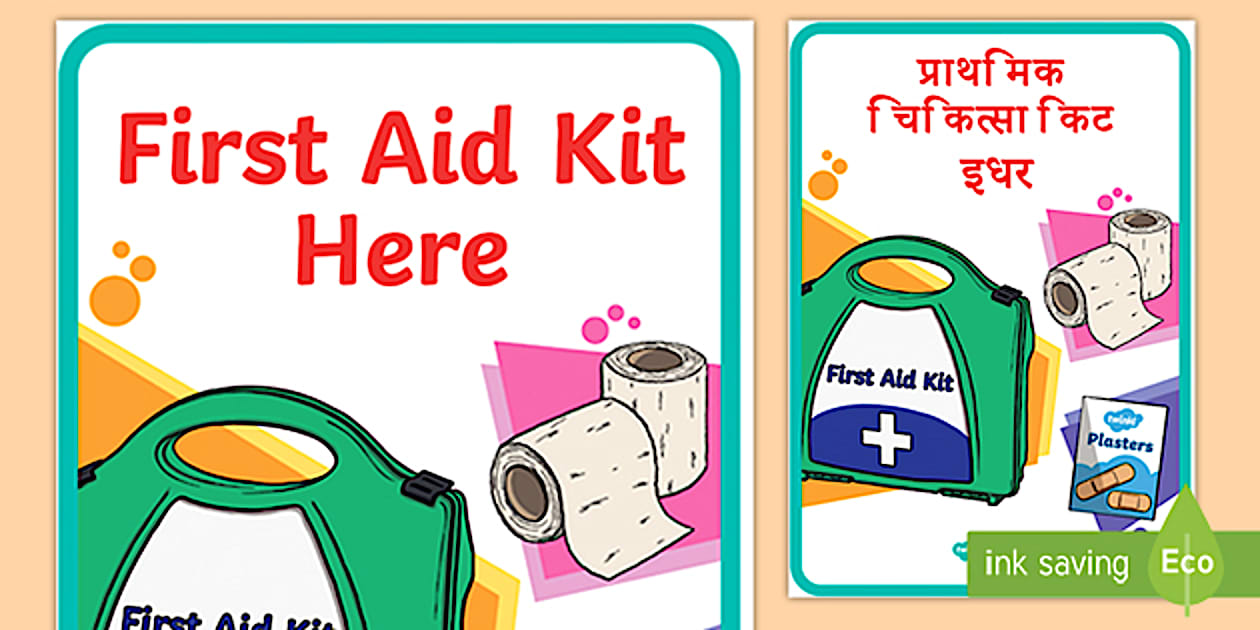 First Aid Kit Here Poster (English/Hindi) - Twinkl