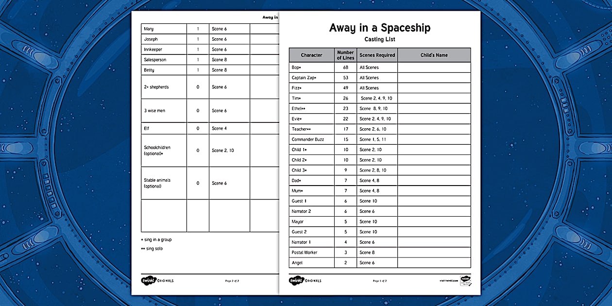 'Away in a Spaceship' Editable Casting List (teacher made)
