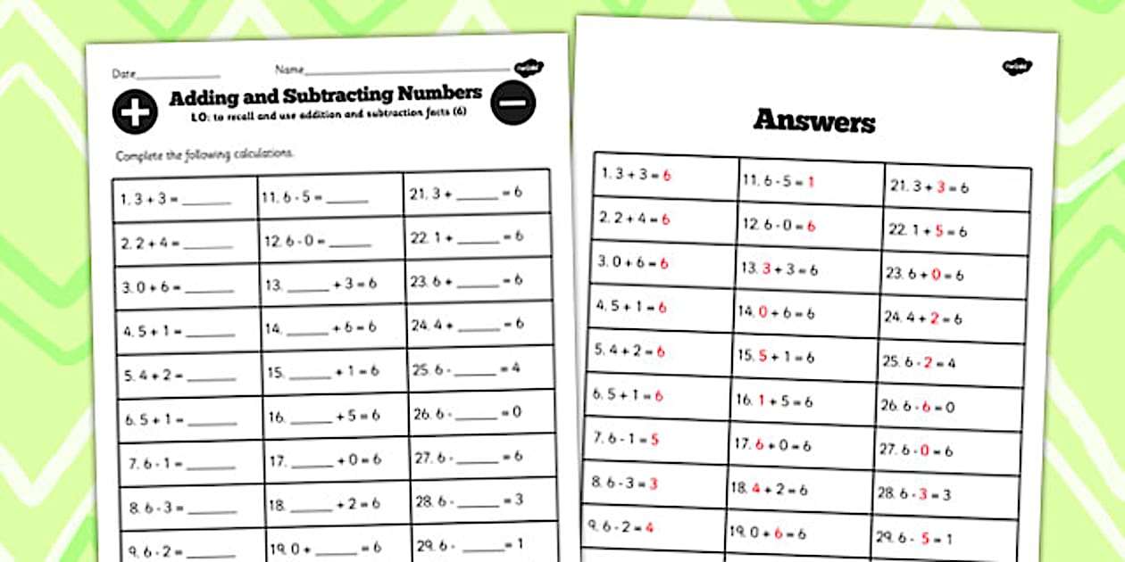 Number Facts to 6 Worksheet (teacher made) - Twinkl