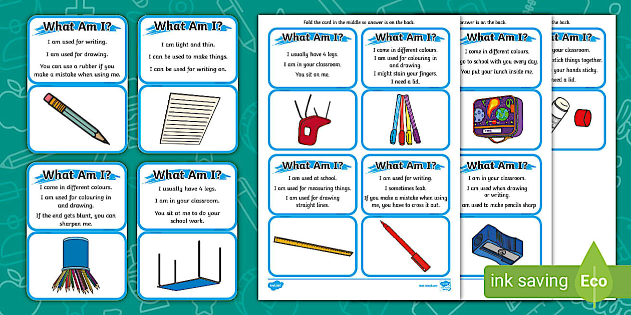 Editable What Am I? School Objects Guessing Game - Twinkl