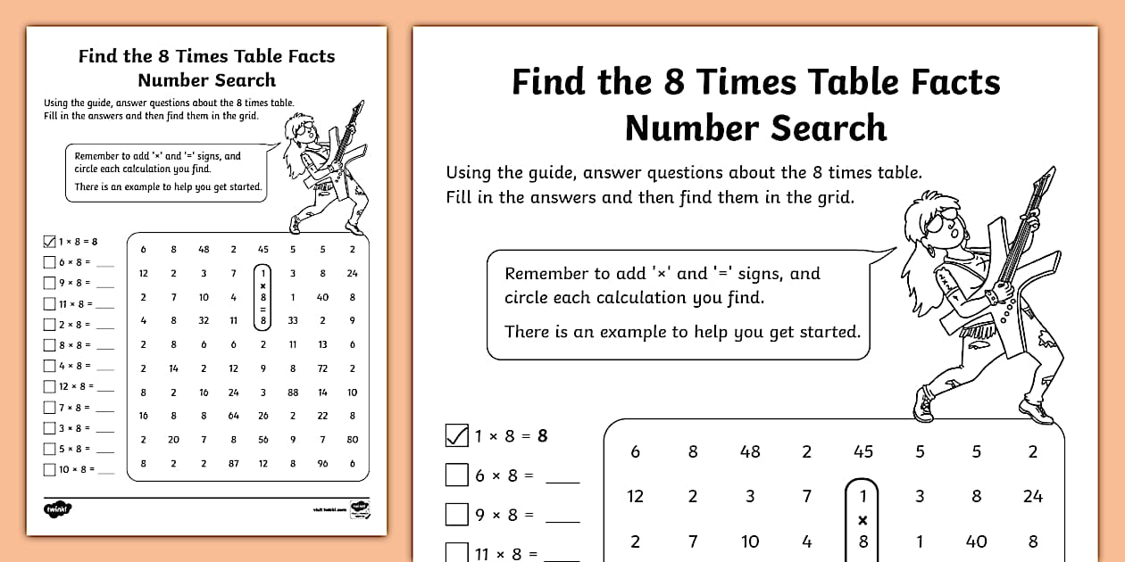 Find the 8 Times Table Facts Number Search Activity Sheet