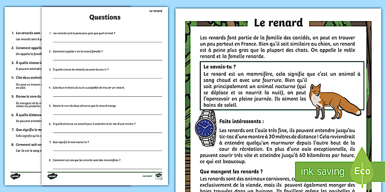 Fiche de lecture : le renard (Teacher-Made) - Twinkl