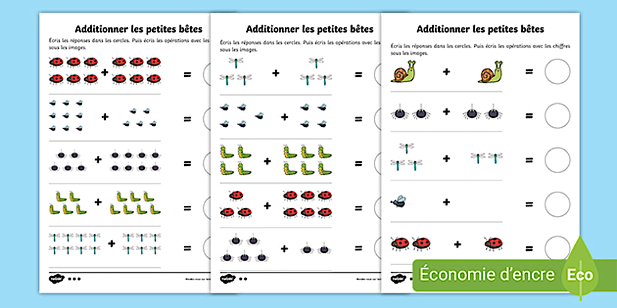 Fiches d'activités différenciées : additionner les petites bêtes