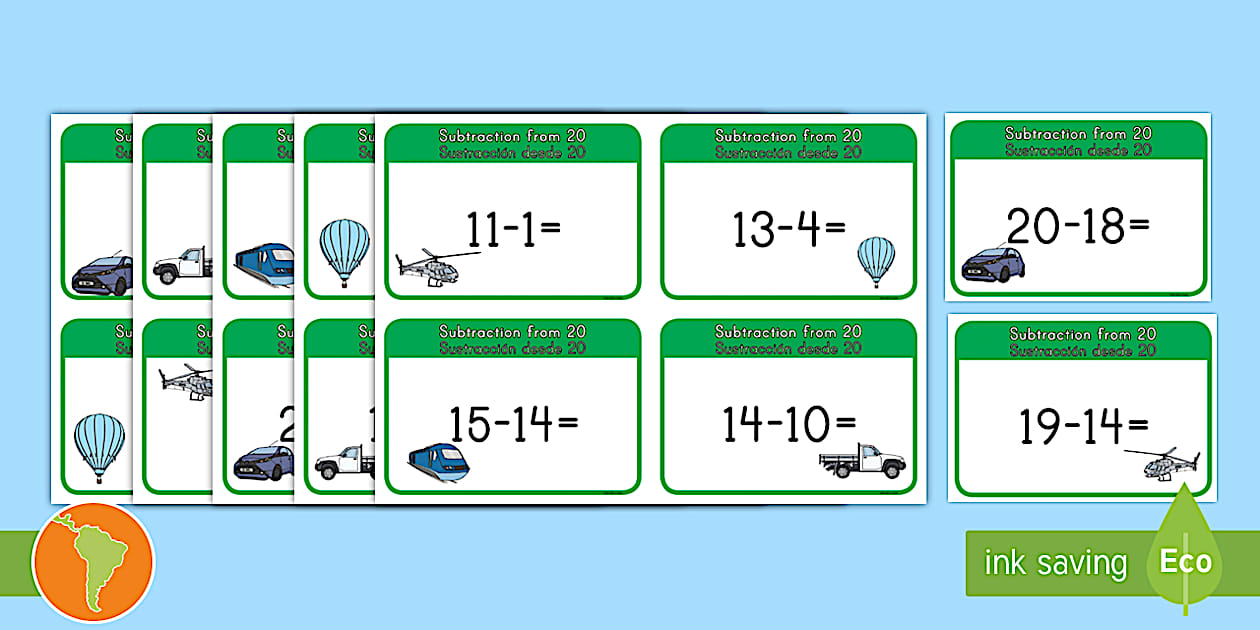 Subtraction From 20 Cards English/Spanish