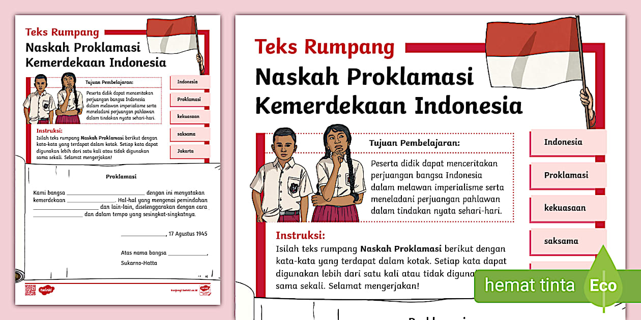 Teks Rumpang Naskah Proklamasi Indonesia - Twinkl