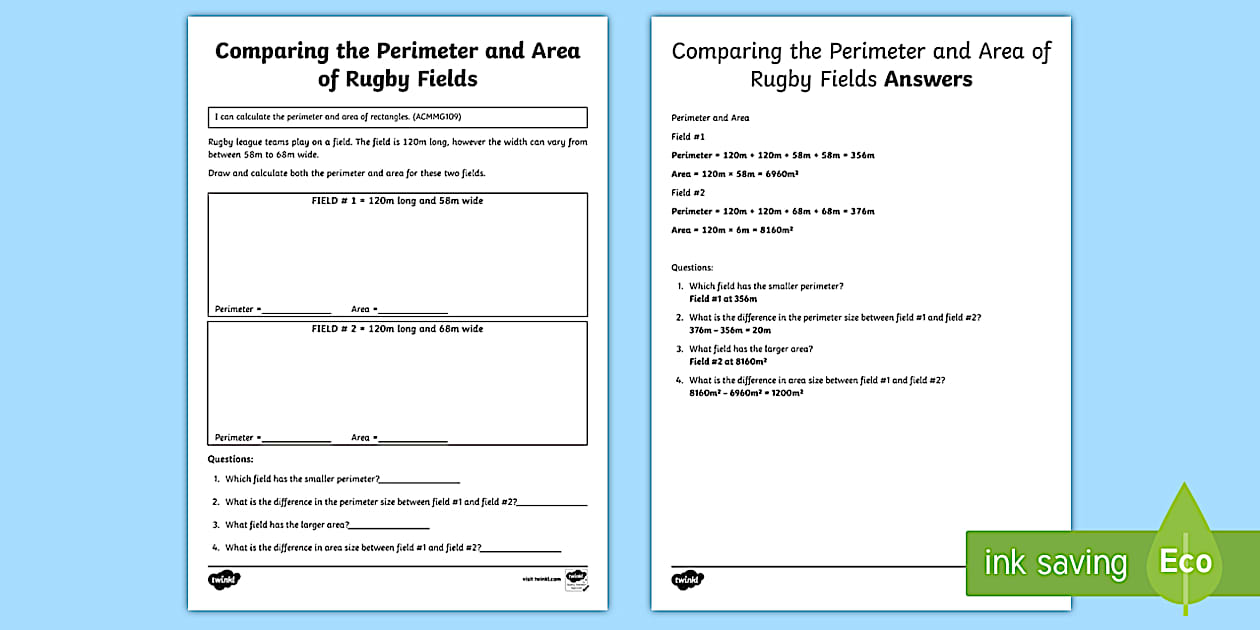 Comparing the Perimeter and Area of Rugby League Fields Worksheet ...