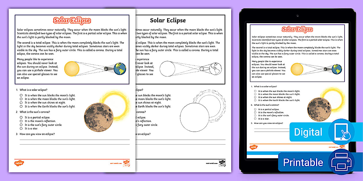 Third Grade Solar Eclipse Reading Passage Comprehension