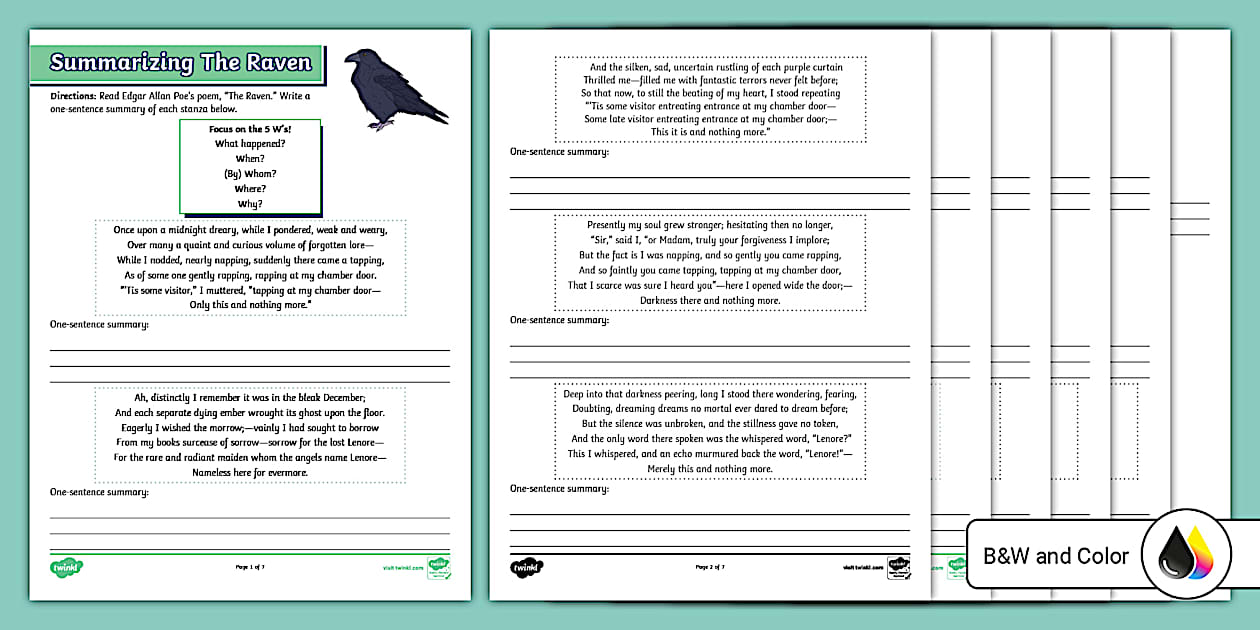 The Raven Summarizing Activity for 6th-8th Grade - Twinkl